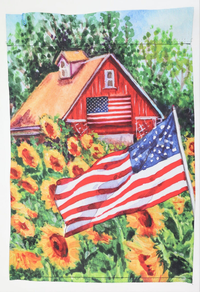 Sunflower Barn & American Flag Garden Flag 12" x 18" – DBC Home Decor